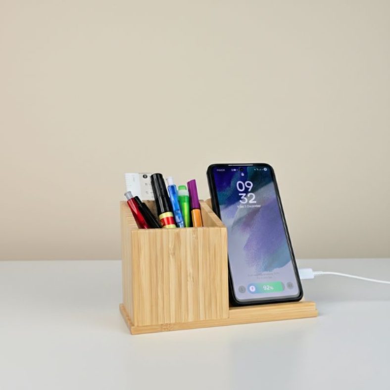 Bamboo Desk Organizer Wireless Charger & Stand - Bello Bello